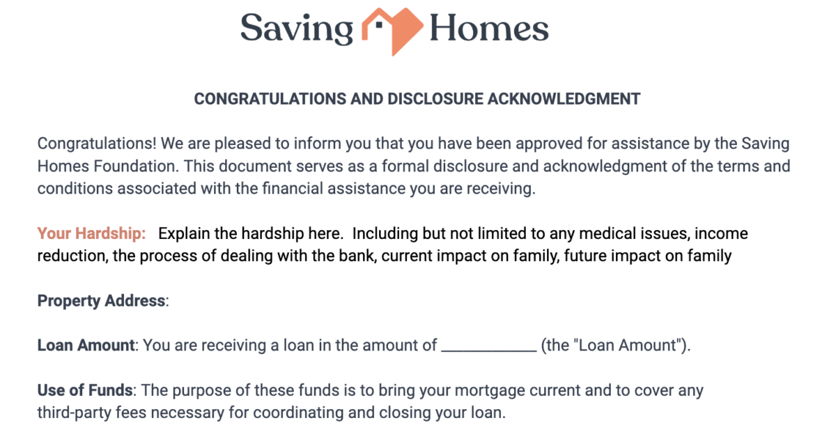 CONGRATULATIONS AND DISCLOSURE ACKNOWLEDGMENT - Saving Homes